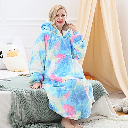 Uttermara Oversized Blanket Hoodie for Adult, Sherpa Fleece Wearable Blanket with Cozy Hood, Ultra Soft Warm Comfortable Sweatshirt with Large Pocket and Sleeve, One Size Fits All, Blue Purple Tie Dye