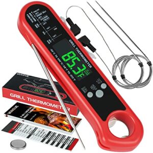 3 in 1 digital meat thermometer, instant read food thermometer with 2 detachable wired probe, calibration, alarm function, lcd backlight for grilling, cooking, bbq, kitchen