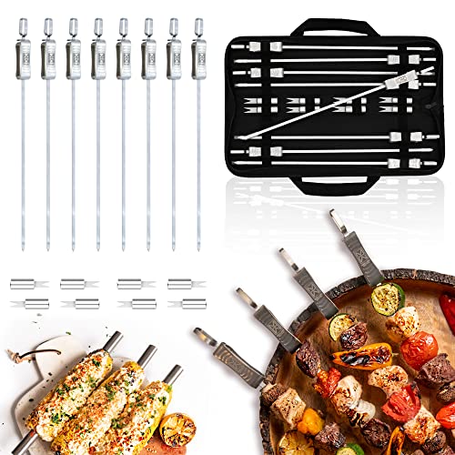 MAILLARD MASTERS Metal Skewers for Kabobs - Flat BBQ Skewers for Grilling with Sliders + Corn Holders. Carrying Case Giftset. Grill Meats, Shrimp, Chicken and Veggies like a PRO (16 pcs total)