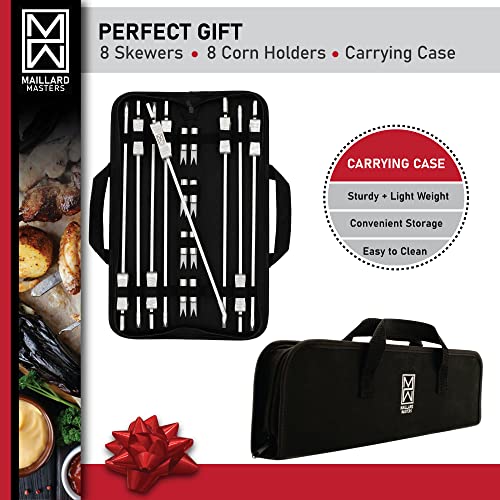 MAILLARD MASTERS Metal Skewers for Kabobs - Flat BBQ Skewers for Grilling with Sliders + Corn Holders. Carrying Case Giftset. Grill Meats, Shrimp, Chicken and Veggies like a PRO (16 pcs total)