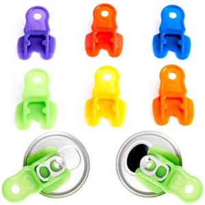 vibrant colored 6pk drink shield and soda protector for family. plastic tab can openers for pop, beer, coke or soda. anti bug and fly beverage barricade protects cold drinks from bees at picnic, bbq