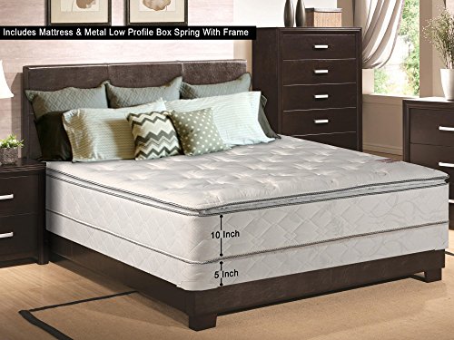 Mattress Solution 10-Inch Medium Plush Pillowtop Innerspring Fully Assembled Mattress And 4" Low Profile Metal Box Spring/Foundation Set With Frame, Twin XL