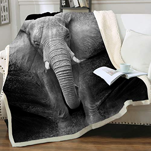 Sleepwish Elephant Blanket African Elephant Throw Blankets Black and White Soft Elephant Fleece Blanket Vintage Elephant Sherpa Blanket Elephant Lover Gifts for Kids Adults Women Men (50" x 60")