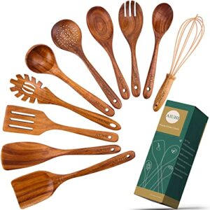 10 pack wooden spoons for cooking, teak wood kitchen utensils set for non stick use, spatula set for stirring, baking, non stick wooden utensils for kitchen