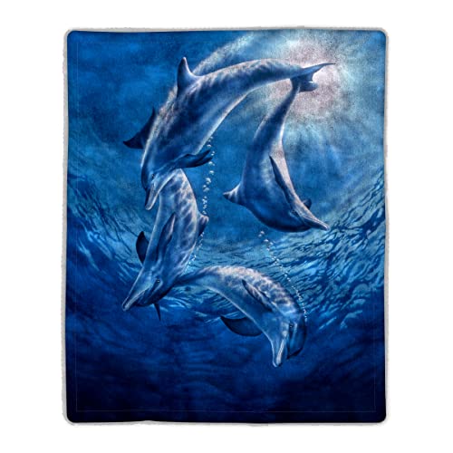 Bedford Home Sherpa Fleece Throw Blanket, Machine Washable, Warm, Soft, Hypoallergenic, Breathable, Lightweight Multipurpose Plush Warmer for Adults and Kids - Ocean Dolphin Pattern 60” (L) x 50” (W)