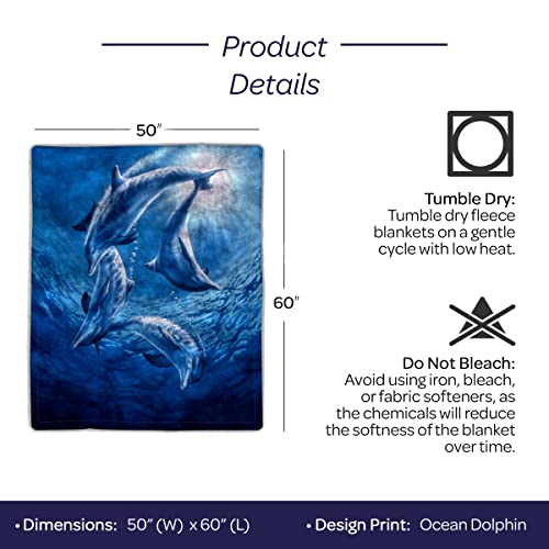 Bedford Home Sherpa Fleece Throw Blanket, Machine Washable, Warm, Soft, Hypoallergenic, Breathable, Lightweight Multipurpose Plush Warmer for Adults and Kids - Ocean Dolphin Pattern 60” (L) x 50” (W)