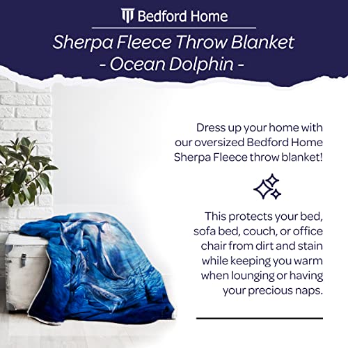 Bedford Home Sherpa Fleece Throw Blanket, Machine Washable, Warm, Soft, Hypoallergenic, Breathable, Lightweight Multipurpose Plush Warmer for Adults and Kids - Ocean Dolphin Pattern 60” (L) x 50” (W)