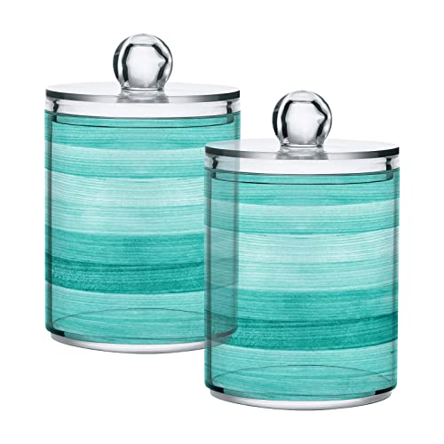 senya Clear Plastic Jars Cotton Swabs Cans, Teal Turquoise Green Wood Bathroom Canisters Storage Organizer with Lids 2PCs Set for Cotton Ball, Cotton Swab, flossers, Hair Bands