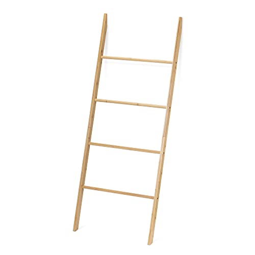 Navaris Bamboo Towel Ladder - Wood Rack for Towels, Clothes, Blankets - Wall Leaning Wooden Rack for Bathroom, Bedroom - 4-Tier Towel Holder Stand