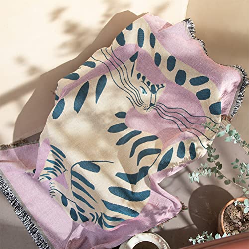 tiowik Big Leopard Cat Throw Woven Blanket with Tassel for Home Decoration Chair Couch Sofa Bed Beach Travel Picnic Cloth Tapestry Shawl Cozy Cotton Polyester (Pink 63×51 Inches)