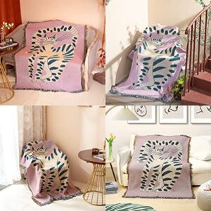 tiowik Big Leopard Cat Throw Woven Blanket with Tassel for Home Decoration Chair Couch Sofa Bed Beach Travel Picnic Cloth Tapestry Shawl Cozy Cotton Polyester (Pink 63×51 Inches)