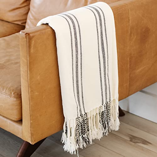 GRACED SOFT LUXURIES Chenille Fringe Throw Blanket for Couch | 50" x 60" Soft, Textured, Fluffy, Warm, Cozy Striped Boho Blanket | Decorative Yet Buttery Soft (Charcoal Stripe)