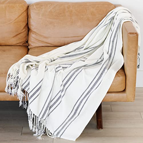 GRACED SOFT LUXURIES Chenille Fringe Throw Blanket for Couch | 50" x 60" Soft, Textured, Fluffy, Warm, Cozy Striped Boho Blanket | Decorative Yet Buttery Soft (Charcoal Stripe)