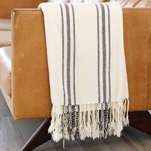 GRACED SOFT LUXURIES Chenille Fringe Throw Blanket for Couch | 50" x 60" Soft, Textured, Fluffy, Warm, Cozy Striped Boho Blanket | Decorative Yet Buttery Soft (Charcoal Stripe)