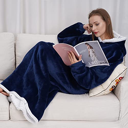 Oversized Blanket Hoodie, Warm Cozy Wearable Blanket Unique Wife Gift Mom Gifts, Blanket Sweatshirt for Women Men Adults(Blue/Ultra Long)