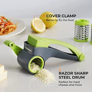 KucheCraft Cheese Grater with Handle, Kitchen Parmesan Cheese Grater with 2 Stainless Steel Drums, Rotary Cheese Grater Handheld for Grating and Shredding Hard Cheese, Chocolate, Nuts