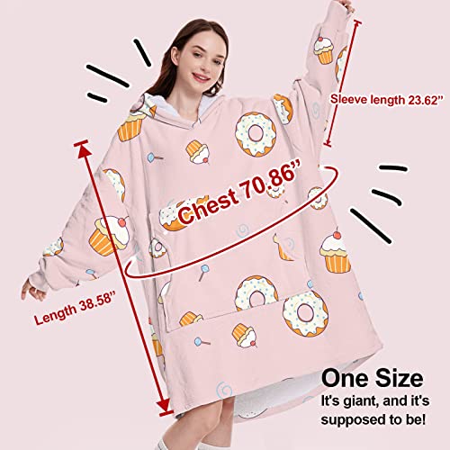 Wearable Blanket Hoodie Oversized Sweatshirt With Hood Sleeves and Pocket Cozy Warm Hoddie Blanket for Adult Gifts for Women,Unicorn Donut Pink