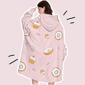 Wearable Blanket Hoodie Oversized Sweatshirt With Hood Sleeves and Pocket Cozy Warm Hoddie Blanket for Adult Gifts for Women,Unicorn Donut Pink