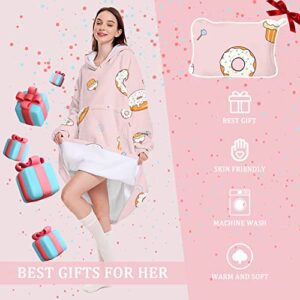 Wearable Blanket Hoodie Oversized Sweatshirt With Hood Sleeves and Pocket Cozy Warm Hoddie Blanket for Adult Gifts for Women,Unicorn Donut Pink