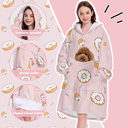 Wearable Blanket Hoodie Oversized Sweatshirt With Hood Sleeves and Pocket Cozy Warm Hoddie Blanket for Adult Gifts for Women,Unicorn Donut Pink