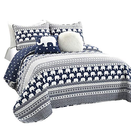 Lush Decor Elephant Stripe 5 Piece Quilt Set, Navy, Full Queen