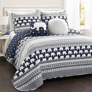 lush decor elephant stripe 5 piece quilt set, navy, full queen