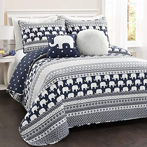 Lush Decor Elephant Stripe 5 Piece Quilt Set, Navy, Full Queen