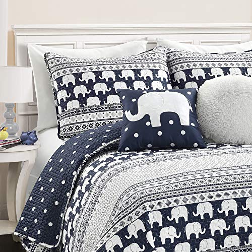 Lush Decor Elephant Stripe 5 Piece Quilt Set, Navy, Full Queen