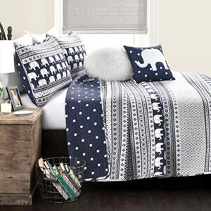 Lush Decor Elephant Stripe 5 Piece Quilt Set, Navy, Full Queen