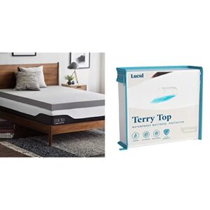 lucid 4 inch bamboo charcoal memory foam mattress topper - queen & premium hypoallergenic 100% waterproof mattress protector - universal fit, cotton terry top, queen