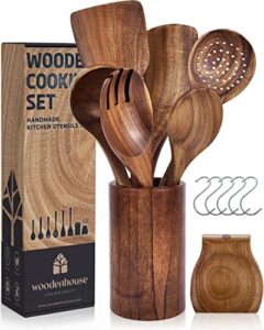 wooden spoons for cooking, wooden cooking utensils set with holder & spoon rest, teak wood spoons and wooden spatula for cooking, nonstick natural and healthy kitchen cookware, durable set of 13pcs