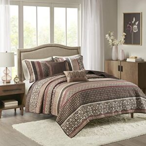 madison park quilt set luxurious jacquard stripes design - all season, coverlet bedspread lightweight bedding layer, shams, decorative pillow, full/queen(90"x90"), floral red 5 piece