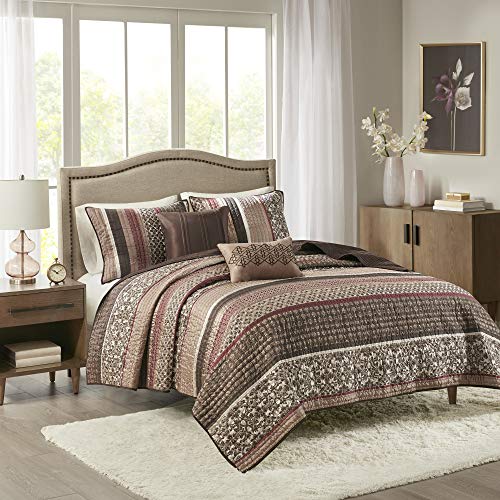 Madison Park Quilt Set Luxurious Jacquard Stripes Design - All Season, Coverlet Bedspread Lightweight Bedding Layer, Shams, Decorative Pillow, Full/Queen(90"x90"), Floral Red 5 Piece