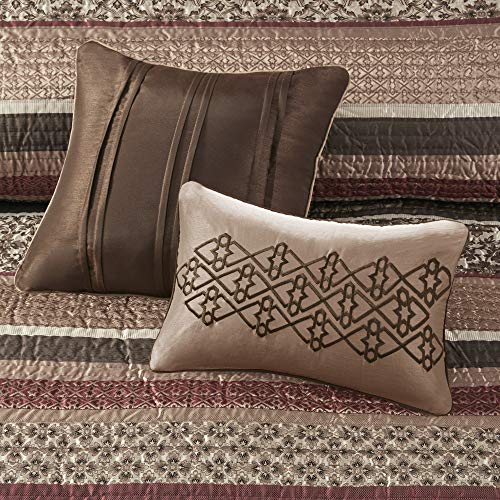 Madison Park Quilt Set Luxurious Jacquard Stripes Design - All Season, Coverlet Bedspread Lightweight Bedding Layer, Shams, Decorative Pillow, Full/Queen(90"x90"), Floral Red 5 Piece