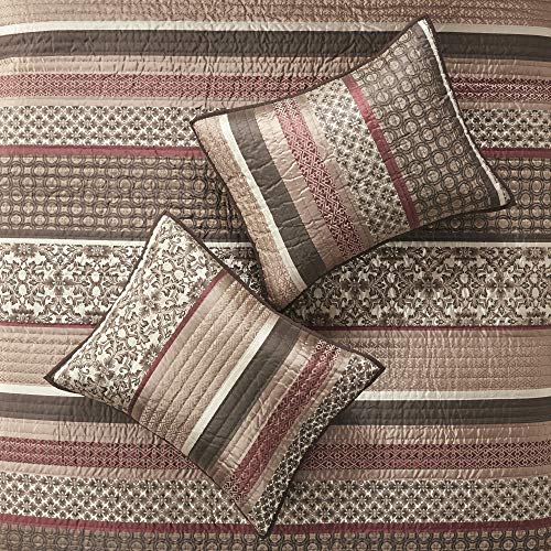 Madison Park Quilt Set Luxurious Jacquard Stripes Design - All Season, Coverlet Bedspread Lightweight Bedding Layer, Shams, Decorative Pillow, Full/Queen(90"x90"), Floral Red 5 Piece