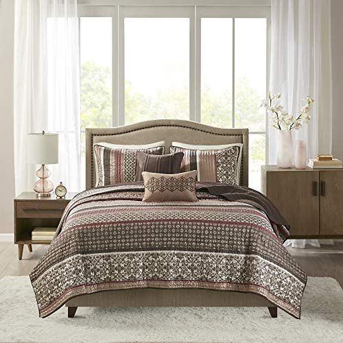 Madison Park Quilt Set Luxurious Jacquard Stripes Design - All Season, Coverlet Bedspread Lightweight Bedding Layer, Shams, Decorative Pillow, Full/Queen(90"x90"), Floral Red 5 Piece