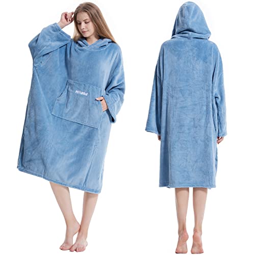 Hiturbo Plush Changing Robe, Fluffy Wearable Blanket, Soft Oversize Hooded Towel Surf Poncho with Pocket for Aquatics & Home (Blue)