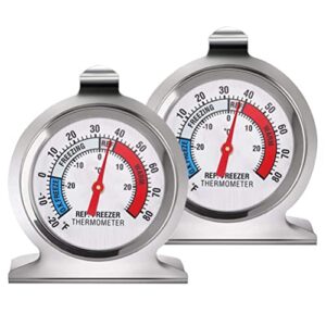 refrigerator thermometer, 2 pack fridge thermometer stainless steel freezer thermometer with red indicator, large dial thermometers for freezers monitoring thermometer for home, kitchen, restaurants