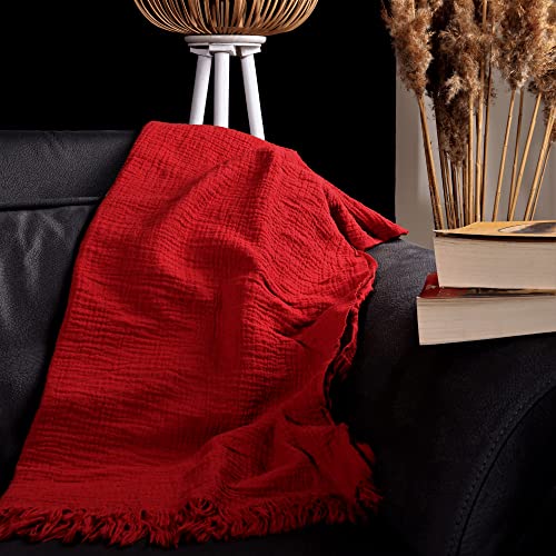 Throw Blankets for couches and Sofas - Extra Soft 100% Turkish Cotton Muslin Fabric Lightweight Throw Blanket for Chair, TV, Picnic, Beach (Red)