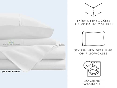 MD Home Decore Queen Size Sheet Set 4-Piece-Set 100% Egyptian Cotton Sheets 600 Thread Count Bed-Sheet-Set 16 Inch Deep Pocket of Fitted Sheet (Queen, White Solid)