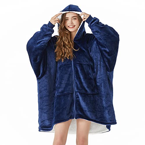 Topcee Oversized Blanket Hoodie Sweatshirt with Zip, Cozy Warm Hooded Sherpa Fleece Wearable Blanket, Louging Blanket with Giant Pocket, Gifts for Adults Girlfriend Wife Mom and Daughter. (Navy Blue)