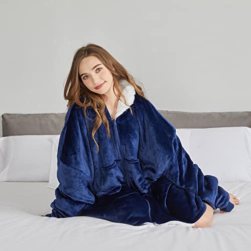 Topcee Oversized Blanket Hoodie Sweatshirt with Zip, Cozy Warm Hooded Sherpa Fleece Wearable Blanket, Louging Blanket with Giant Pocket, Gifts for Adults Girlfriend Wife Mom and Daughter. (Navy Blue)