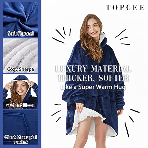 Topcee Oversized Blanket Hoodie Sweatshirt with Zip, Cozy Warm Hooded Sherpa Fleece Wearable Blanket, Louging Blanket with Giant Pocket, Gifts for Adults Girlfriend Wife Mom and Daughter. (Navy Blue)