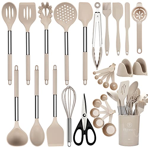 NCUE Cooking Utensils Set, 28 Pcs Silicone Kitchen Utensils Set with Holder, Silicone Whisk, Spatulas, Scissors, Measuring Cups and Spoons Set with Stainless Steel Handle Kitchen Gadgets (Khaki)