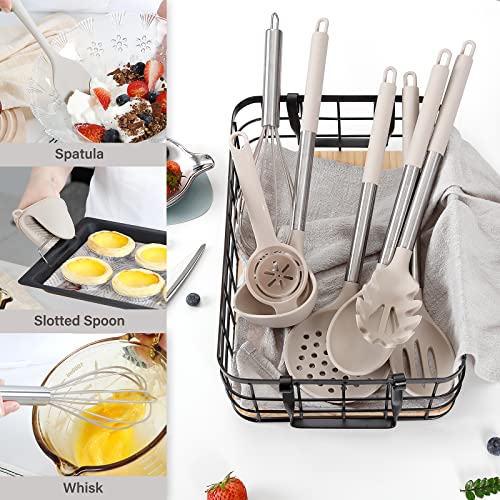 NCUE Cooking Utensils Set, 28 Pcs Silicone Kitchen Utensils Set with Holder, Silicone Whisk, Spatulas, Scissors, Measuring Cups and Spoons Set with Stainless Steel Handle Kitchen Gadgets (Khaki)