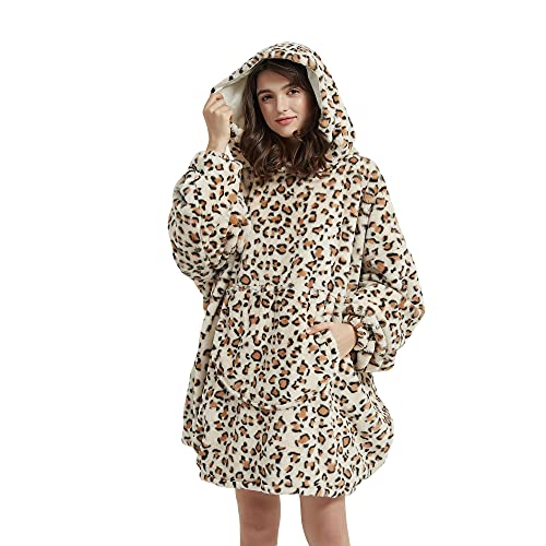 Viviland Oversized Hoodie Fuzzy Blanket Sweatshirt,Super Soft Warm Comfortable Giant Pullover with Large Front Pocket, Gifts for Women Men, Cheetah Print Beige