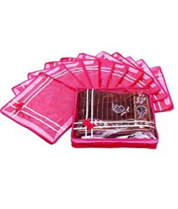 fashion bizz pink premium single space saver bags saree cover garment cover storage cover wardrob organizer set of 12 pcs combo