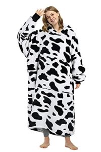 catalonia cow print full body blanket hoodie sweatshirt, extra long oversized comfortable sherpa lounging pullover for adults, gift for her