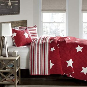 lush decor red star quilt-reversible 2 piece pattern striped bedding set with pillow shams, twin