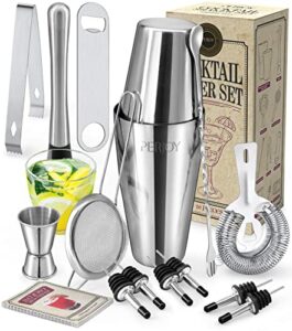 perjoy cocktail shaker set, 16 piece bartender kit, cocktail shaker, stainless steel bar set accessories, coktail set, boston shaker, drink mixer shaker, bartending bar tools with muddler spoon jigger